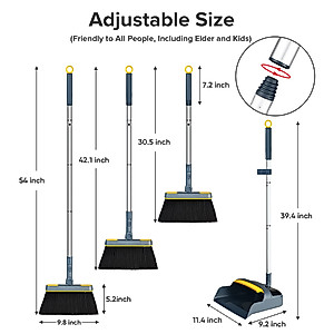 DALIPER Broom and Dustpan Set with Aluminum 54 Inches Long Handle, 180 Degree Swivel Broom and Upright Dust Pan with Hair Scraper for Home, Kitchen, Office, Outdoor, Indoor