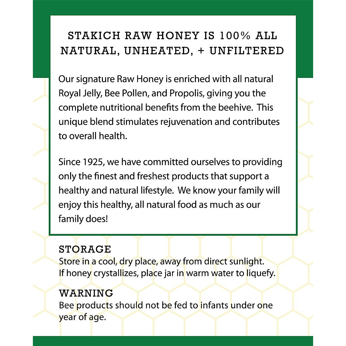 Stakich Royal Jelly, Bee Pollen, Propolis Raw Honey - Pure, Unprocessed, Unheated - 40 Ounce