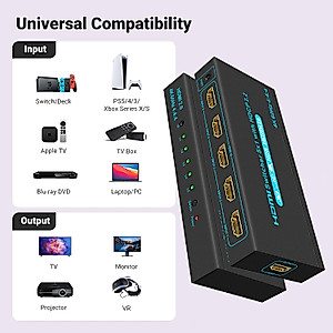 SGEYR 4K HDMI Switcher 5x1 with IR Remote, High-Speed 5 Port HDMI Selector Box 4K@60Hz Support HDR HDCP2.2 for PS5, Xbox, Roku, Fire Stick - Streamline Your Gaming Setup(Black)