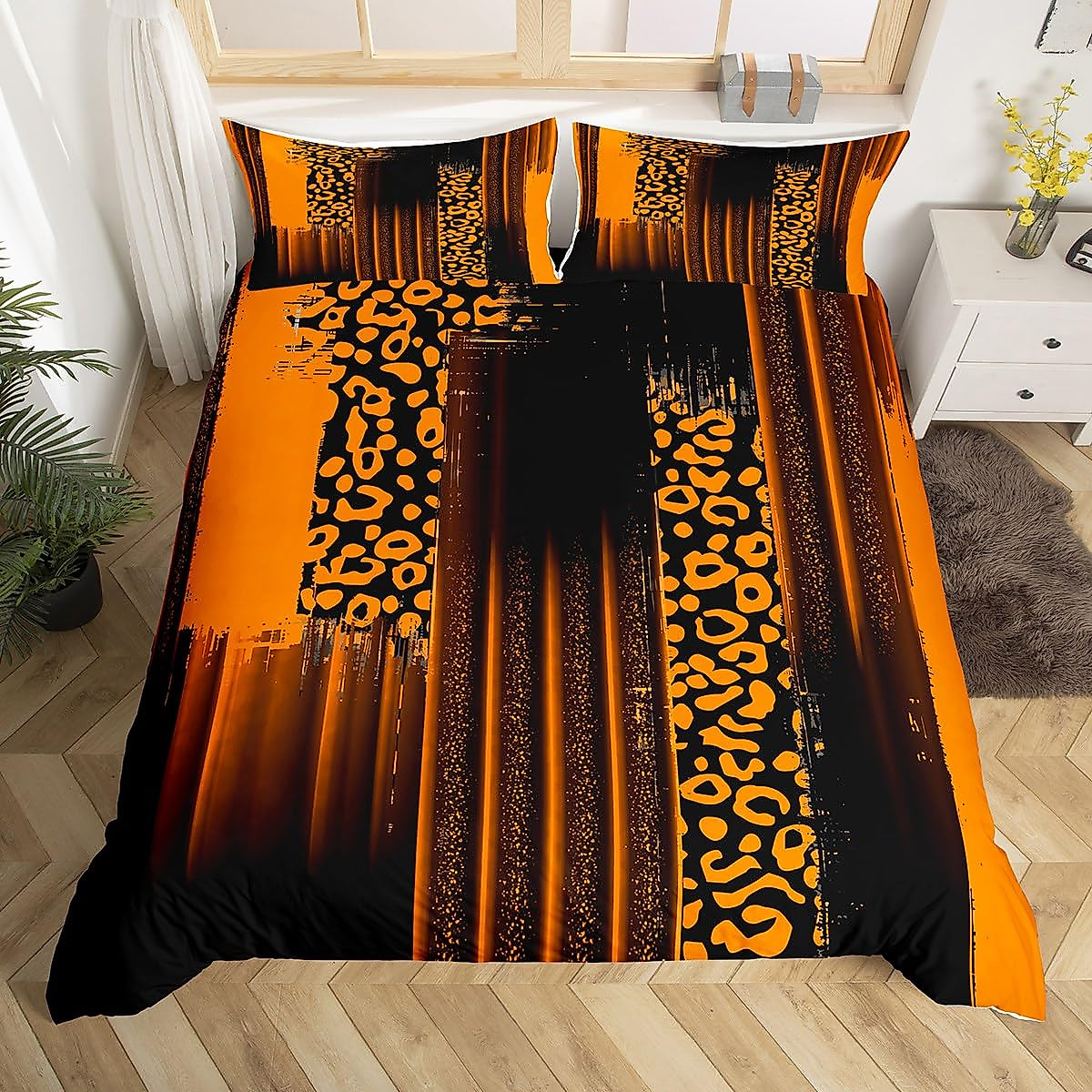 Feelyou Orange Black Reversible Bedding Set Queen Size Abstract Leopard Comforter Cover Set for Kids Adults Ombre Stripes Duvet Cover Modern Art Bedspread Cover Room Decor 3Pcs with 2 Pillow Case