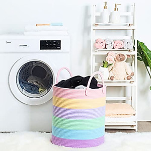MINTWOOD Design Large Decorative Woven Cotton Rope Basket, Tall Laundry Basket Hamper, Blanket Basket for Living Room, Storage Baskets for Toys, Towel, Throw, Pillow, 60L Pastel Rainbow