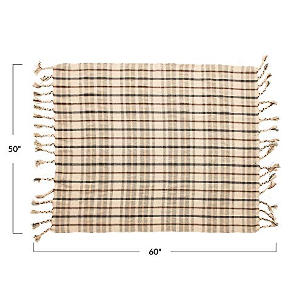 Bloomingville Woven Recycled Cotton Blend Plaid Tassels, Charcoal Color & Brown Throw, Charcoal & Brown