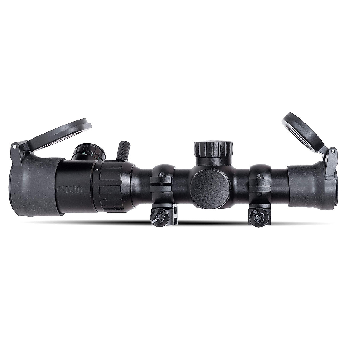 Monstrum 1-4x20 Rifle Scope with Rangefinder Reticle and Medium Profile Scope Rings | Monstrum Flip Up Lens Cover Set | Bundle
