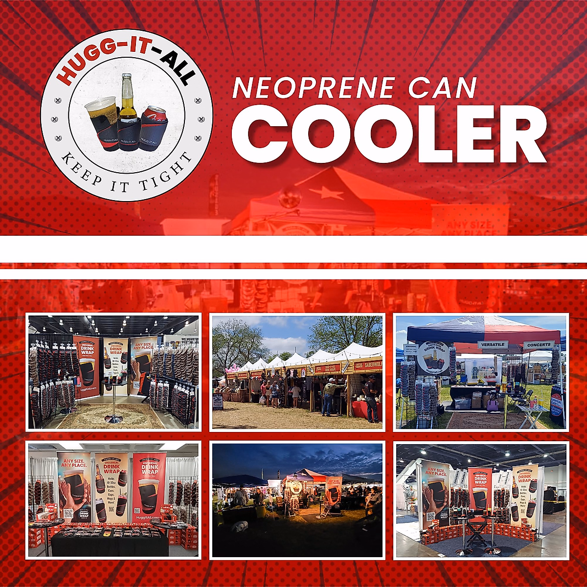 Universal Drink Wrap Neoprene Sleeve Fit for 10oz - 32oz Cans & Bottles of with Black and Red Portable Beverage Holder for Event, Camping, Fishing, Travel and Office