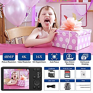 4K Digital Camera 48MP Kids Compact Camera Autofocus 16X Digital Zoom Children Portable Camera for Boys, Girls,Beginners (with 32GB SD Card and 2 Batteries)