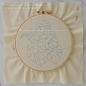 Embroidery Starter Kit for Adults Beginners with Sleepy Cat Green Plant Leaves Pattern Stamped Cross Stitch Set with Embroidery Cloth Hoop Needles Threader Colorful Floss and Instruction