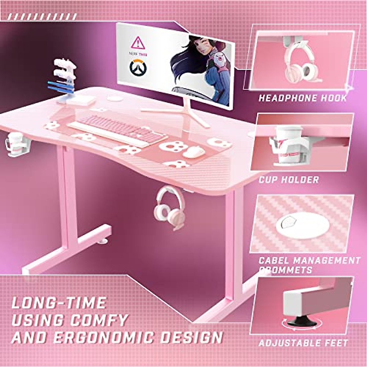 Vitesse Pink 40 Inch Cute Kawaii Computer Gaming Table T Shaped Girl Gamer Workstation Home Office Desk with Carbon Fiber Surface and Headphone Hook