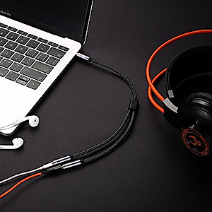 DUKABEL Headphone Splitter, Strong Braided & Gold-Plated 3.5mm Stereo Audio Y Splitter Cable 4-Pole Male to 2-Female Port Audio Stereo Cable Dual Headphone Jack Adapter Top Series