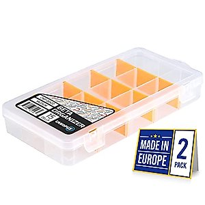 CANOPUS 15-Grid Clear Plastic Compartment Box with Adjustable Dividers, Small Parts Storage and Organizer Case for Craft, Jewelry, Beads, Tiny Tools and Parts, (2 Set), 7.8 x 4.0 x 1.2 inch, Clear