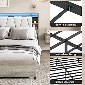 Full Size Bed Frames with Storage Headboard and LED Lights, Upholstered Platform Bed with Charging Station, Storage Space Under The Bed, Steel Slat Support, No Box Spring Needed, Noise Free