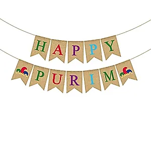 Rainlemon Burlap Happy Purim Banner Rustic Jewish Carnival Holiday Mantle Fireplace Decoration