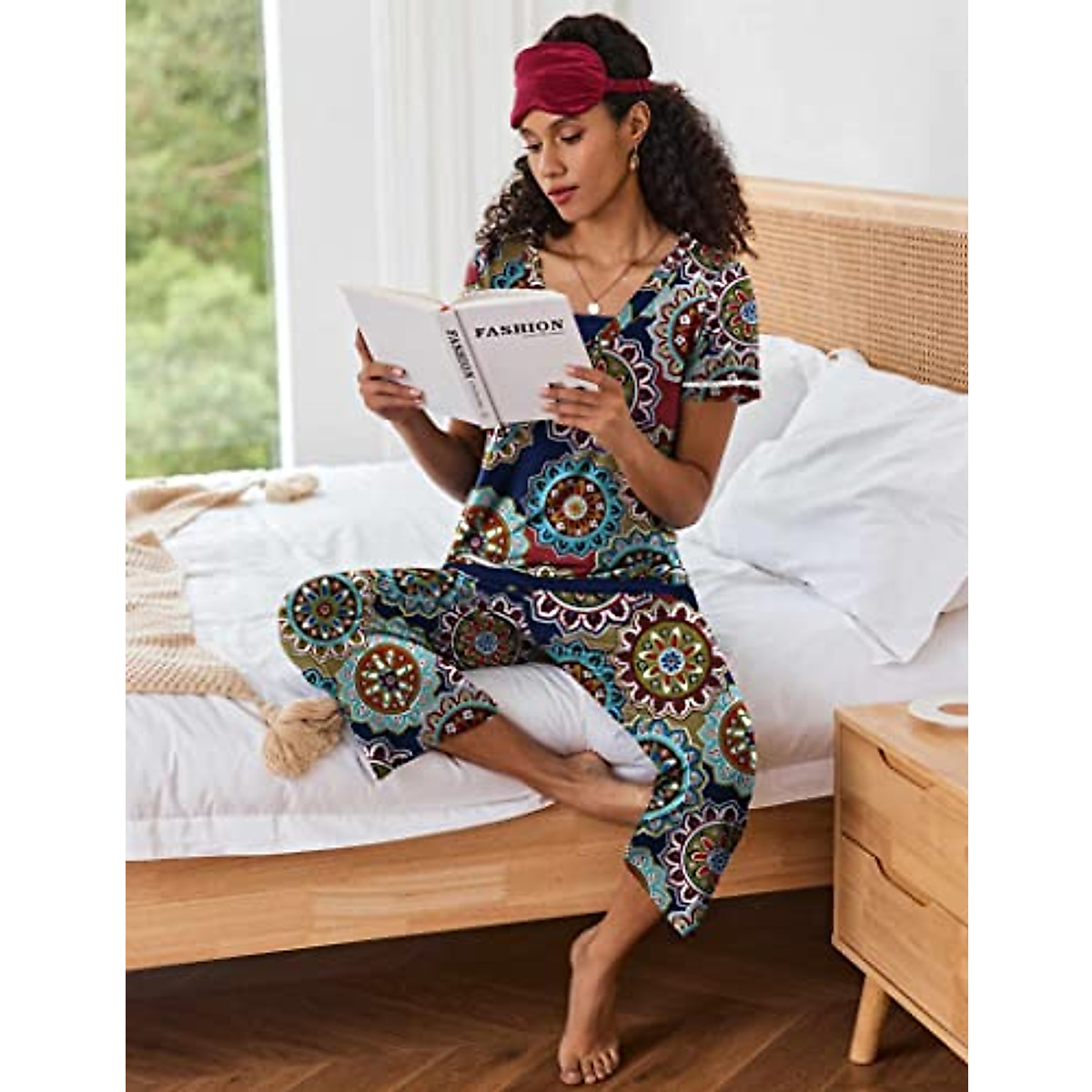 Ekouer Womens Pajama Set Summer Sleepwear Tops with Capri Pants Set Comfy Casual Prints Pj Sets