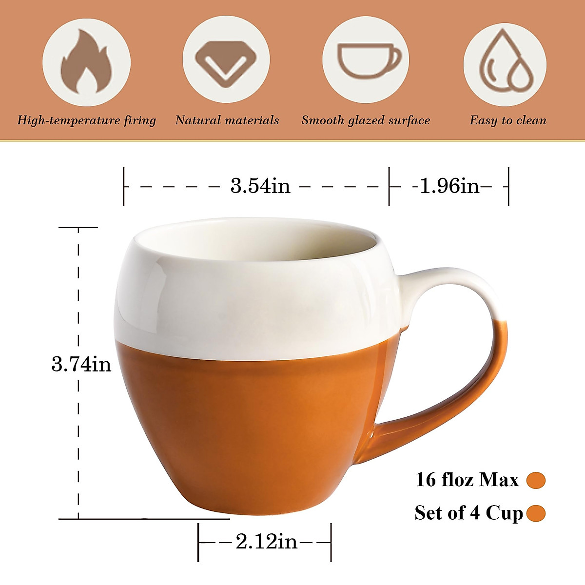 Ursword Novelty Half Glaze Ceramic Coffee Cup Set, 4 Pcs, 16oz, Microwave Safe Tableware, White-Orange