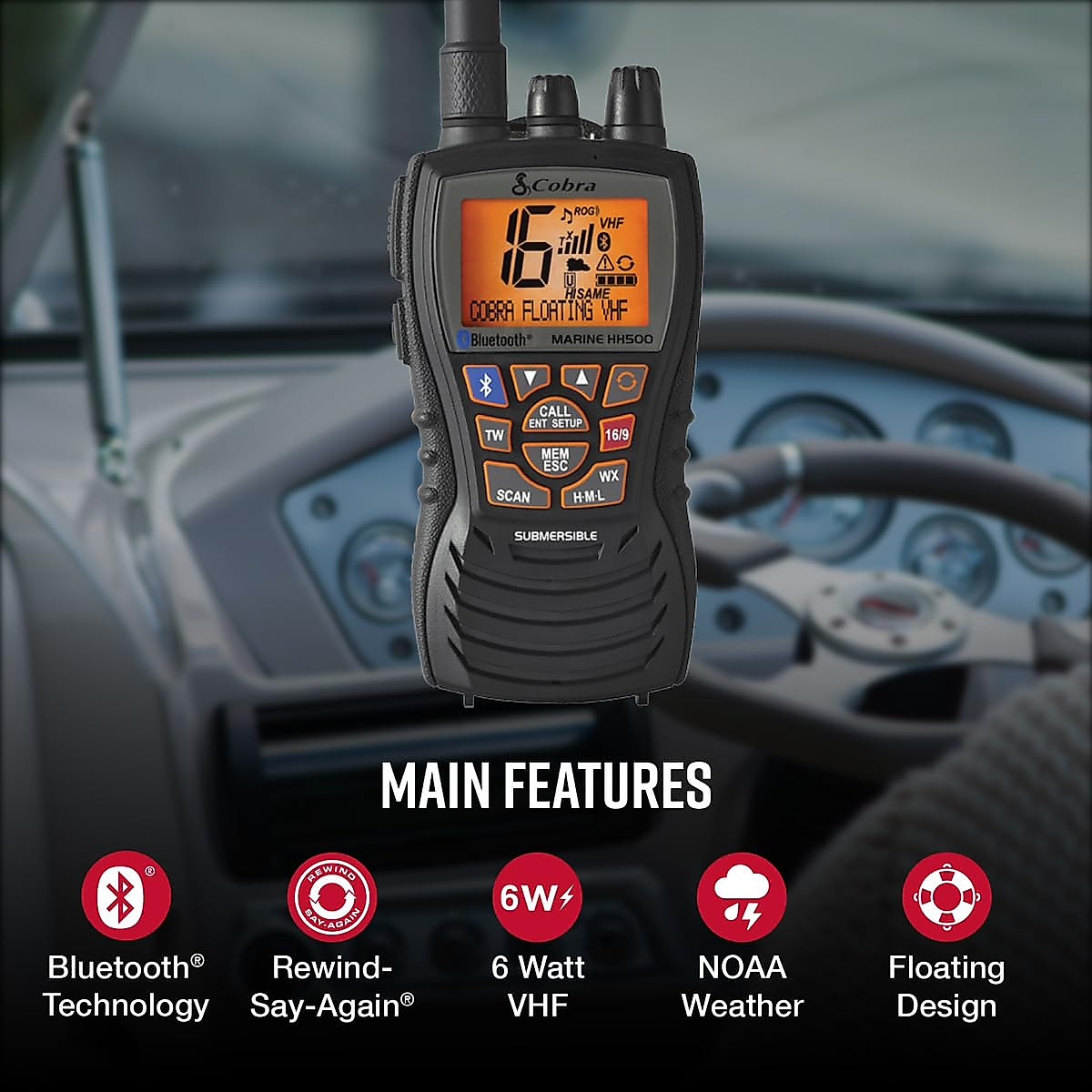 Cobra MR HH500 FLT BT Handheld Floating VHF Radio – 6 Watt, Bluetooth, Submersible, Noise Cancelling Mic, Backlit LCD Display, Floating and Waterproof Design (IP67 rating), Memory Scan, Black