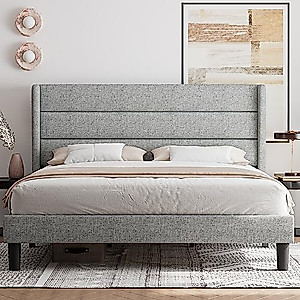 Feonase King Size Upholstered Platform Bed Frame with Wingback Headboard, Minimalist Mattress Foundation with Wooden Slats Support, Noise Free, No Box Spring Needed, Easy Assembly