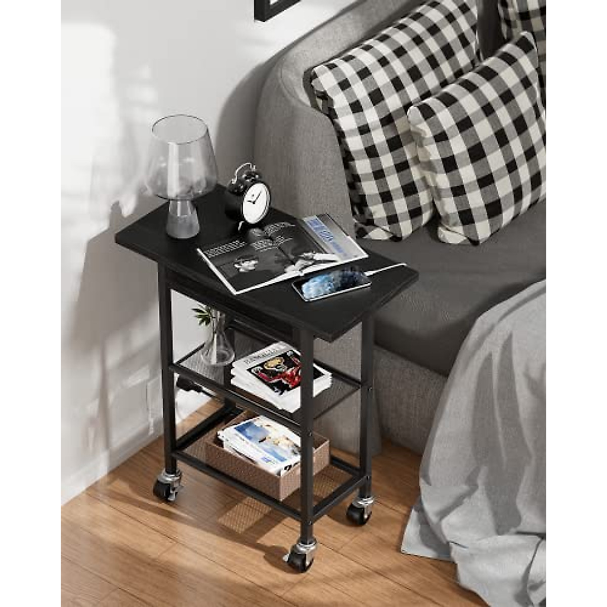 Egepon End Table with Charging Station, Side Table Narrow Flip Top with USB Ports & Power Outlets for Small Spaces, Sofa Table Nightstand with Storage Shelves Rolling Wheels for Living Room Bedroom