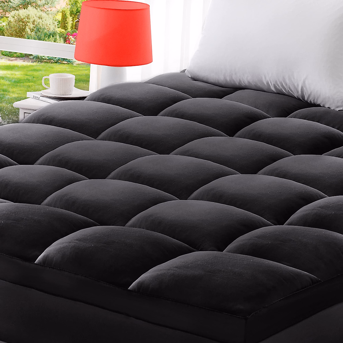 BedLuxury Queen Black Cooling Mattress Topper for Back Pain Extra Thick Mattress pad Cover Plush Soft Pillowtop with Elastic Deep Pocket Overfilled Down Alternative Filling
