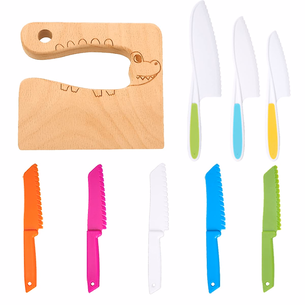 Godkider 9 Pcs Kids Knife Set, Kid Safe Knives for Real Cooking, Montessori Kitchen Tools for Toddlers include Wooden Toddler Kitchen Knife & Plastic Serrated Edges Children Knives, Crocodile
