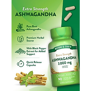 Nature's Truth Ashwagandha Capsules | 3000mg | 90 Count | Extra Strength | Ashwagandha Root Supplement with Black Pepper | Non-GMO & Gluten Free Supplement