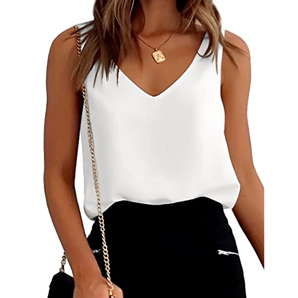 Ekouaer Womens Tank Tops V Neck Silk Satin Casual Cami Sleeveless Camisole Blouses Summer Loose Tank Shirt