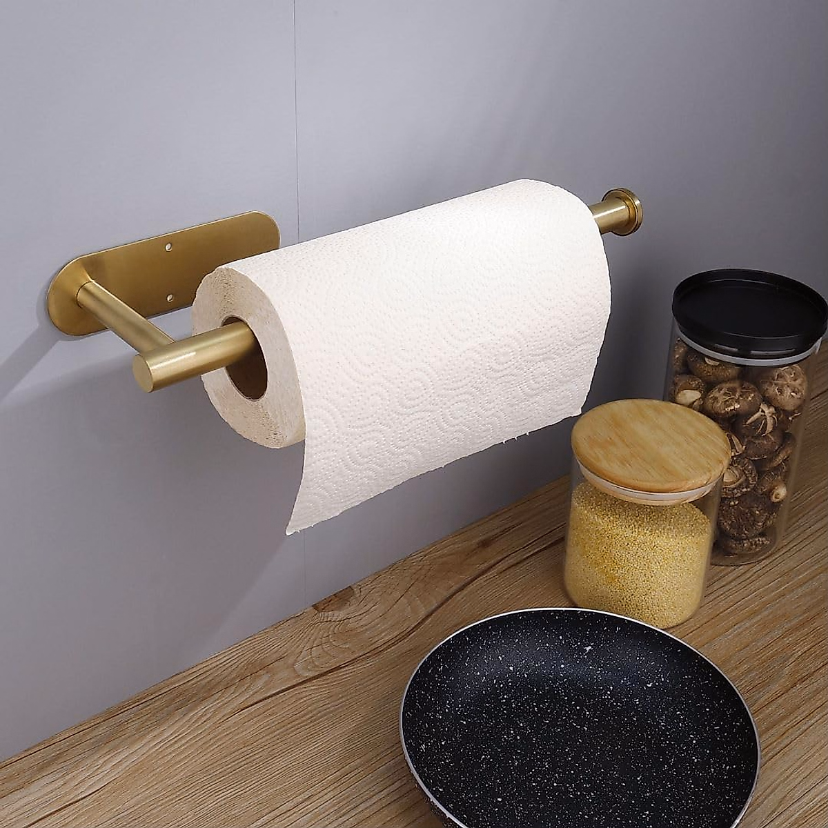 Paper Towel Holder Wall Mount，Aluminum Alloy Paper Towel Holder Sturdy and Durable ,Paper Towel Holder Under Cabinet ,Vertically or Horizontally Mount Both Available in Adhesive and Screws（Gold）