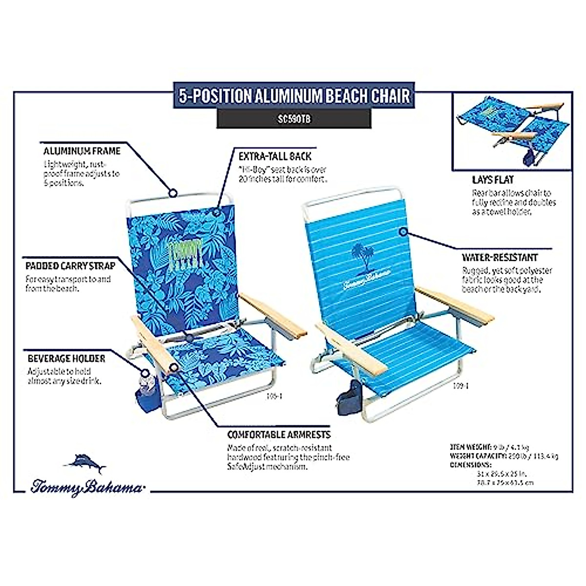 Tommy Bahama 5-Position Lay Flat Cup Holder and Towel Bar Beach Chair, 1-Pack, Floral Print