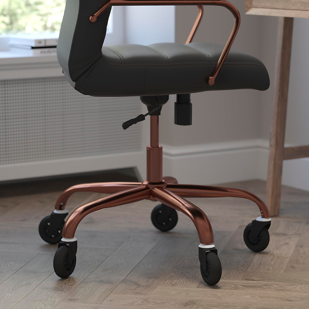 Flash Furniture Whitney High Back Black LeatherSoft Executive Swivel Office Chair with Rose Gold Frame, Arms, and Transparent Roller Wheels
