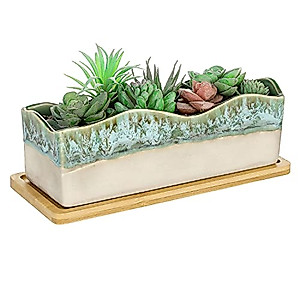 MyGift Rectangular Succulent Planter - Decorative Beige and Green Ceramic Glazed Plant Container Pot with Removable Bamboo Tray