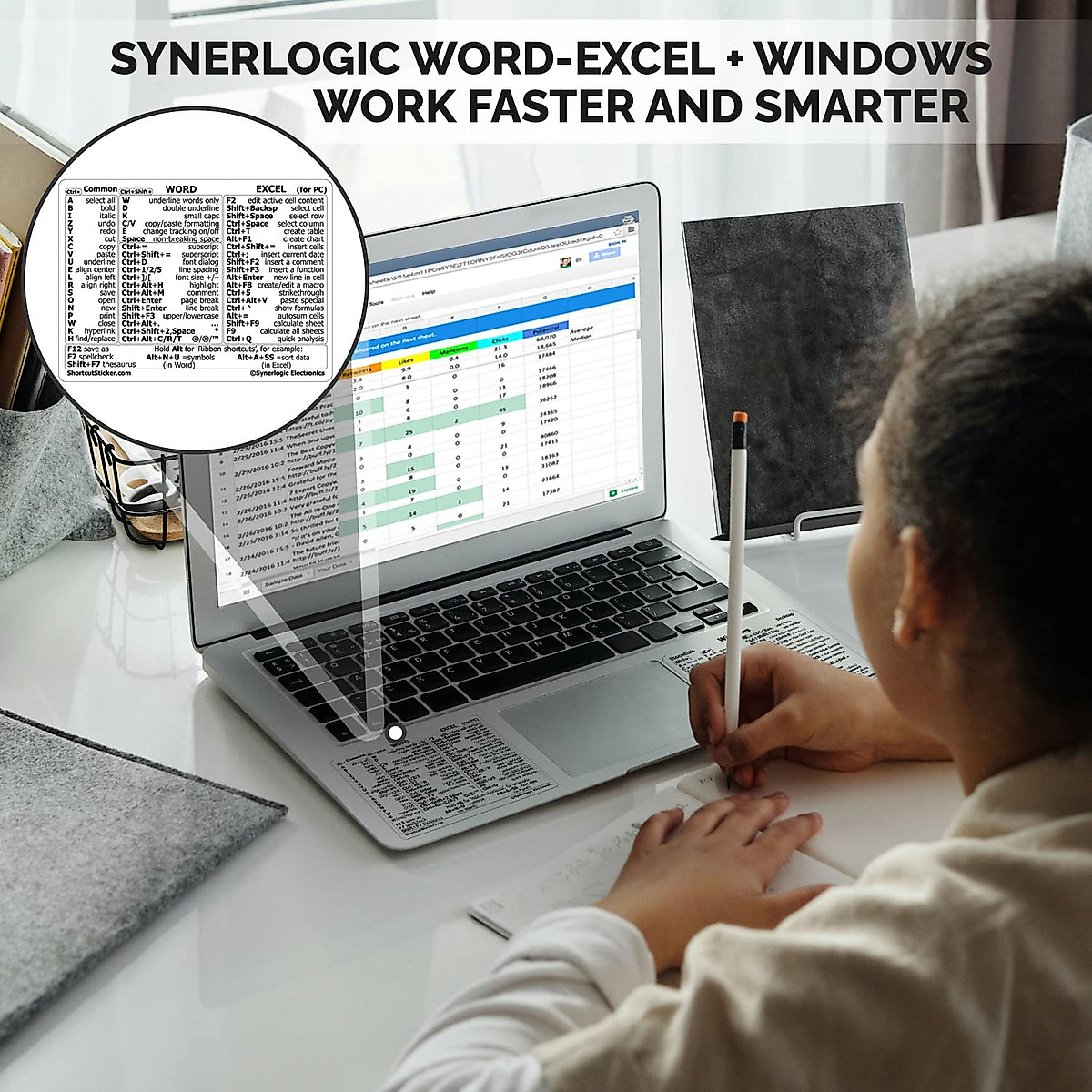 SYNERLOGIC Windows + Word/Excel (for Windows) Quick Reference Guide Keyboard Shortcut Stickers, No-Residue Vinyl (Clear/Large/Combo)