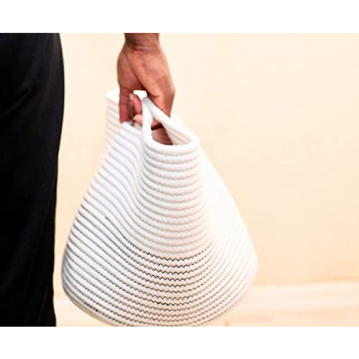 Lorfa Cotton Rope Storage Basket - Woven Laundry Baskets for Blanket, Baby Toy Storage Basket with Hidden Handle, Nursery Basket, 12 By 11 inch (12X11 inch , Grey Line)