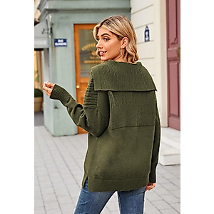 Womens 2024 Fall Lapel Collar Long Sleeve V Neck Ribbed Knit Loose Casual Pullover Sweater Jumper Top Army Green M