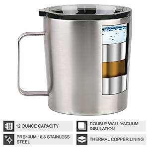 12 oz Insulated Coffee Mug with Lid, Stainless Steel, Double Wall Vacuum Insulated Travel Mug Coffee Cup with Handle, Stainless Steel/Silver (803-019)