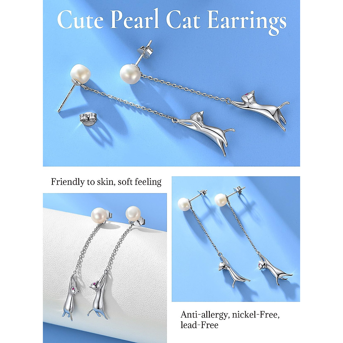 Kitten Drop Earrings for Women Elegant Pearl Stud 925 Sterling Silver Cat Dangle Earrings