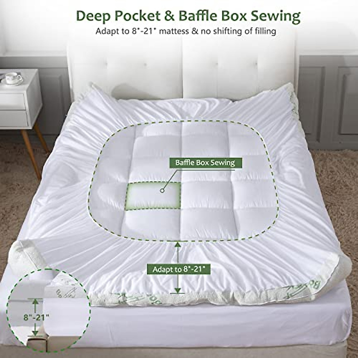 Bamboo Mattress Topper King Size with 8-21" Deep Pocket Mattress Pad for Back Pain Pillow Top Mattress Cooling Cover Quilted Mattress Protector with 1200 GSM Down Alternative Fill (76x80)
