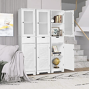 Kazila Bathroom Storage Floor Cabinet, Freestanding Wooden Storage Organizer with Glass Shutter Doors, 16 inchl x 12 inchw x 67 inchh, Ivory White