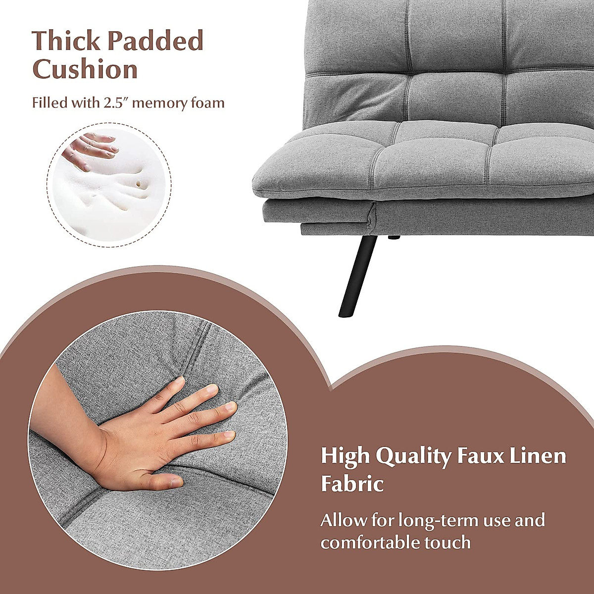 GOFLAME Convertible Sofa Bed, Memory Foam Futon Sofa Bed with Adjustable Backrest & Armrests, 6 Metal Legs, Upholstered Folding Couch Sleeper for Small Apartment, Living Room, Bedroom, Office (Grey)