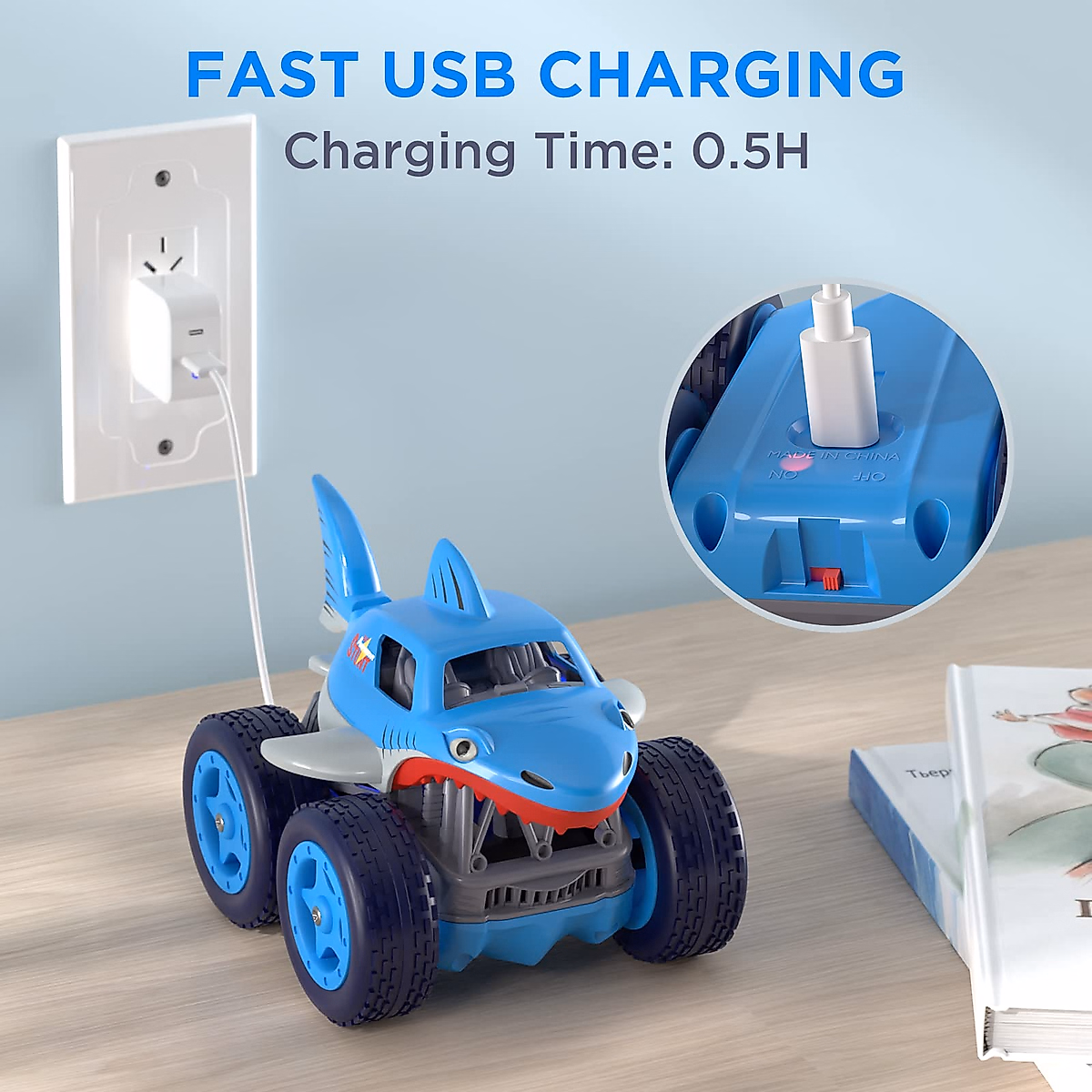 MaxTronic Mini Remote Control Car, 4WD 2.4Ghz Remote Control 360° Rotating Built-in Rechargable Battery Fast Mini Stunt RC Car, Shark Car Truck Toys Gifts for 3-12 Years Old Boys Girls