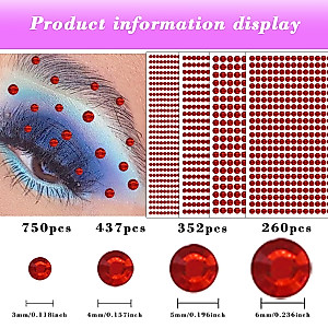 1792 Pcs Self Adhesive Rhinestones for Makeup Face Gems Stick on Face Jewels Eyes Gems Face Stickers Dotting Tools for Nail Art Body Eye Makeup Crafts Decoration Stick on Body Crystal Jewels (Big Red）