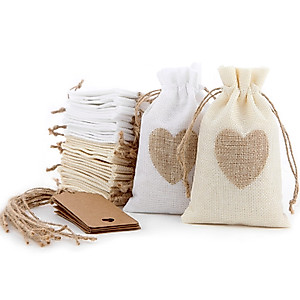 FILIFALA 30 Pieces Heart Burlap Bags with Tags and Ropes,4 x 6 Inch Drawstring Linen Gift Pouch for Jewelry,Makeup,Party,Wedding,Birthdays,Valentine's Day,Baby Shower Favor Gift Bags