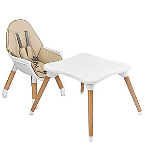 HONEY JOY Baby High Chair, 5-in-1 Convertible Wooden Highchair for Babies and Toddlers/Table and Chair Set/Booster Seat/Toddler Chair with Safety Harness, 4-Position Removable Feeding Tray (Khaki)