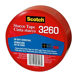 Scotch Stucco Tape, 1.88 in x 60yd, 30 Day Clean Removal, Heavy-Duty Outdoor Stucco Tape, UV & Moisture Resistant, Water Resistant Poly Backing, 1 Roll, Red (3260-A)