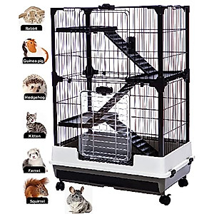 Large Multi-Level Indoor Outdoor Small Animal Cage for Guinea Pig Ferret Chinchilla Cat Playpen Rabbit Hutch with Solid Platform & Ramp Leakproof Litter Tray Large Access Doors (Black, 4-Level)