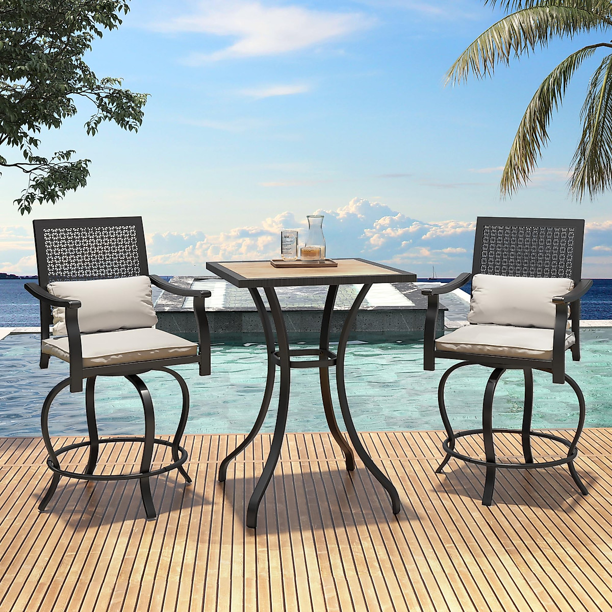 AECOJOY 3 Piece Outdoor Bar Set, High Top Patio Bar Set with Table and Chairs, Bar Height Patio Sets Clearance Plus Outdoor Pub Table and Swivel Chairs for Lawn Garden Porch