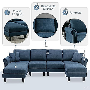 Olela U Shaped Modular Sectional Sofa for Living Room, Oversized Deep Seat Sofa Modern Linen Upholstered Sectional Couch with Chaise Lounge and Comfy Backrest (Navy)