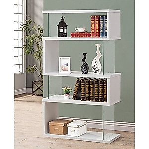 BOWERY HILL Cool Modern 4 Shelf Asymmetrical Snaking S-Shape Bookcase in Glossy White and Glass