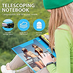WOT I All-in-one Telescoping Binder Notebook, Refillable Binder+Elastic Rubble Spine+Customized Front Cover+Catalog Back Pocket+5 Subject Dividers+Movable Pocket Folder+Notepaper, Blue
