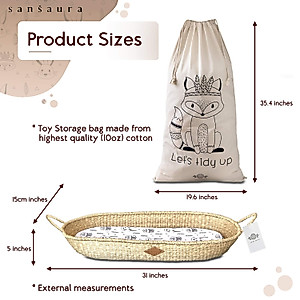 Sansaura Nursery Set - Seagrass Baby Changing Basket, Diaper Basket, with Thick Waterproof Pad & 100% Cotton Fitted Sheet, Toy Storage Bag, Woodland Designs, Shower Gift for Newborns, Boho nursery