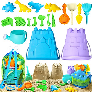 DISHIO Beach Sand Toys for Kids Sand Box Beach Toys with Mesh Bag,Sand Castle Bucket and Shovel,Sand Molds,Waterig Can, Sieve, Dinosaur Beach Toys Kit for Kids&Toddlers Outdoor Travel 18pcs