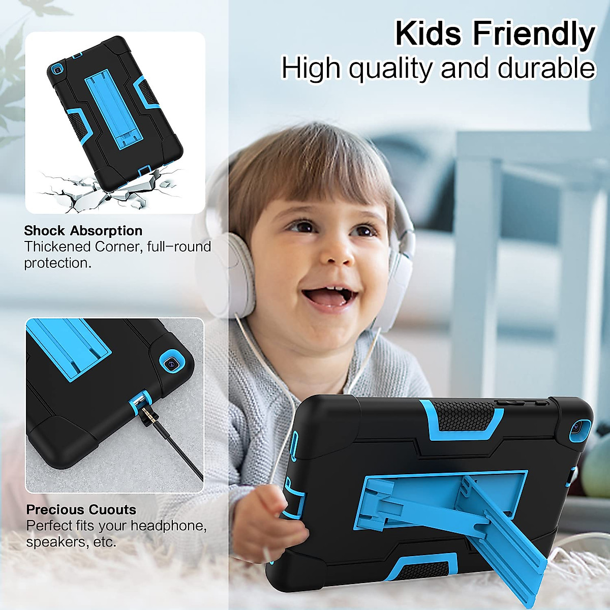 Cantis Case for Samsung Galaxy Tab A T290/T295 (2019 Version), Slim Heavy Duty Shockproof Rugged Protective Case with Kickstand for 8.0 inch Galaxy Tab A Cover for Kids (Black+Blue)