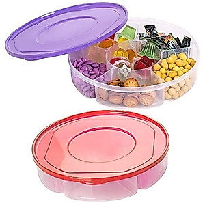 Zilpoo 2 Pack - Candy and Nut Serving Container, Appetizer Tray with Lid, 6 Compartment Round Plastic Food Storage Lunch Organizer, Divided Christmas Keto Snack Plate, Dish Platter w/Cover, 10-Inch